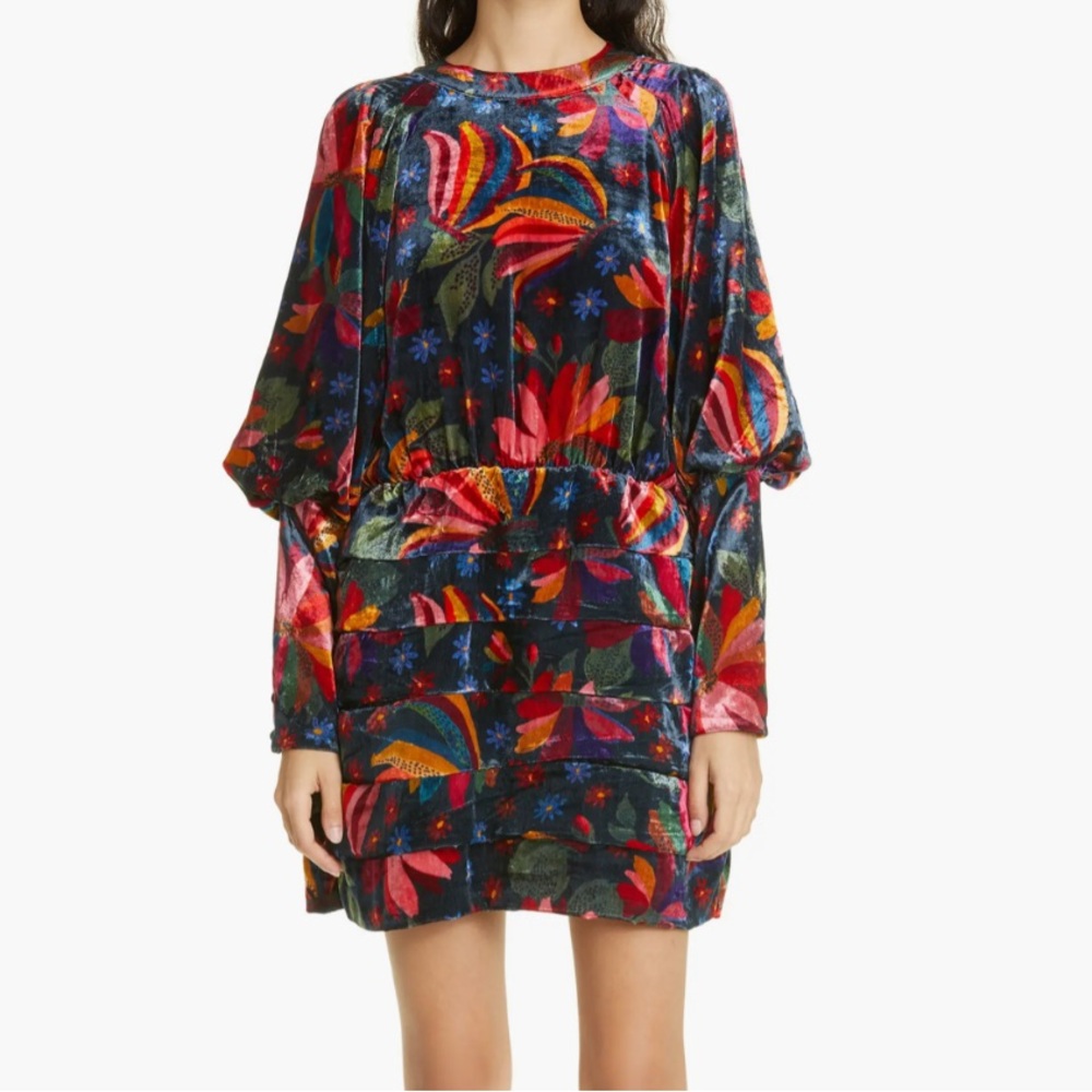 Farm Rio Banana Sky Long Sleeve Velvet Dress Size Xs - Gem